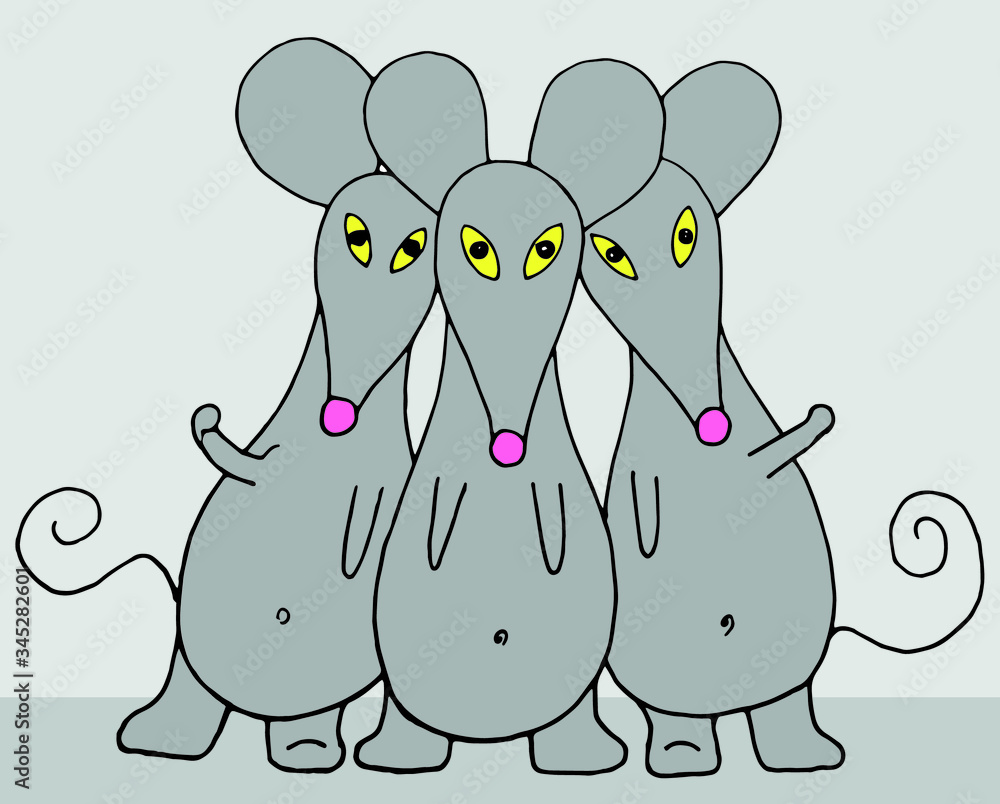 Three drawn grey mice stand facing each other with yellow eyes and long ...