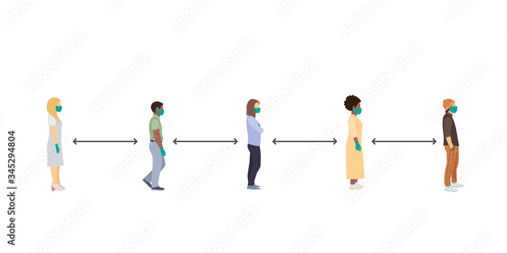 social distance. Full length of cartoon sick people in medical masks ...
