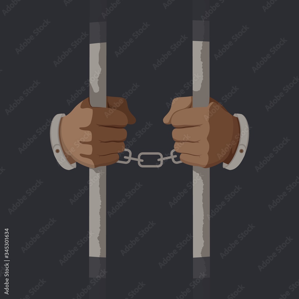 Arms of male prisoner in handcuffs holding jail bars vector graphic ...