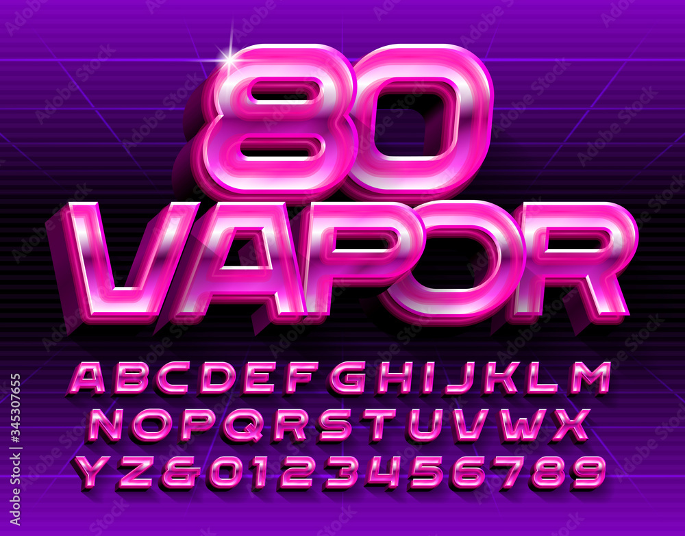 Vapor 80 alphabet font. Glowing 3D retro letters and numbers. Stock ...