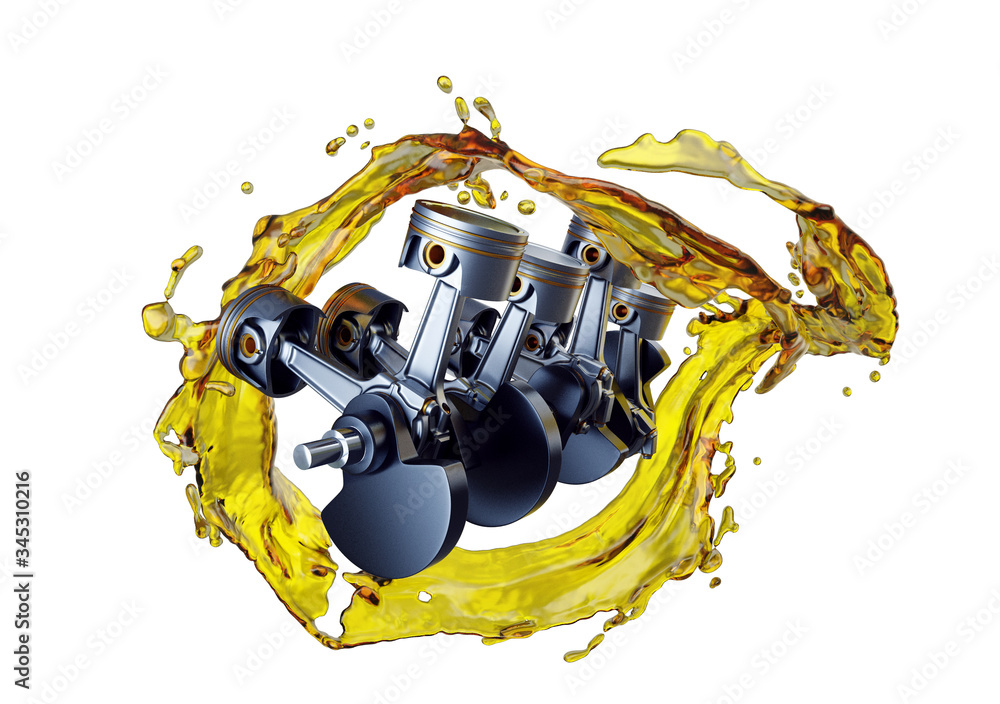 3D illustration of parts in car engine with lubricant oil on repairing ...