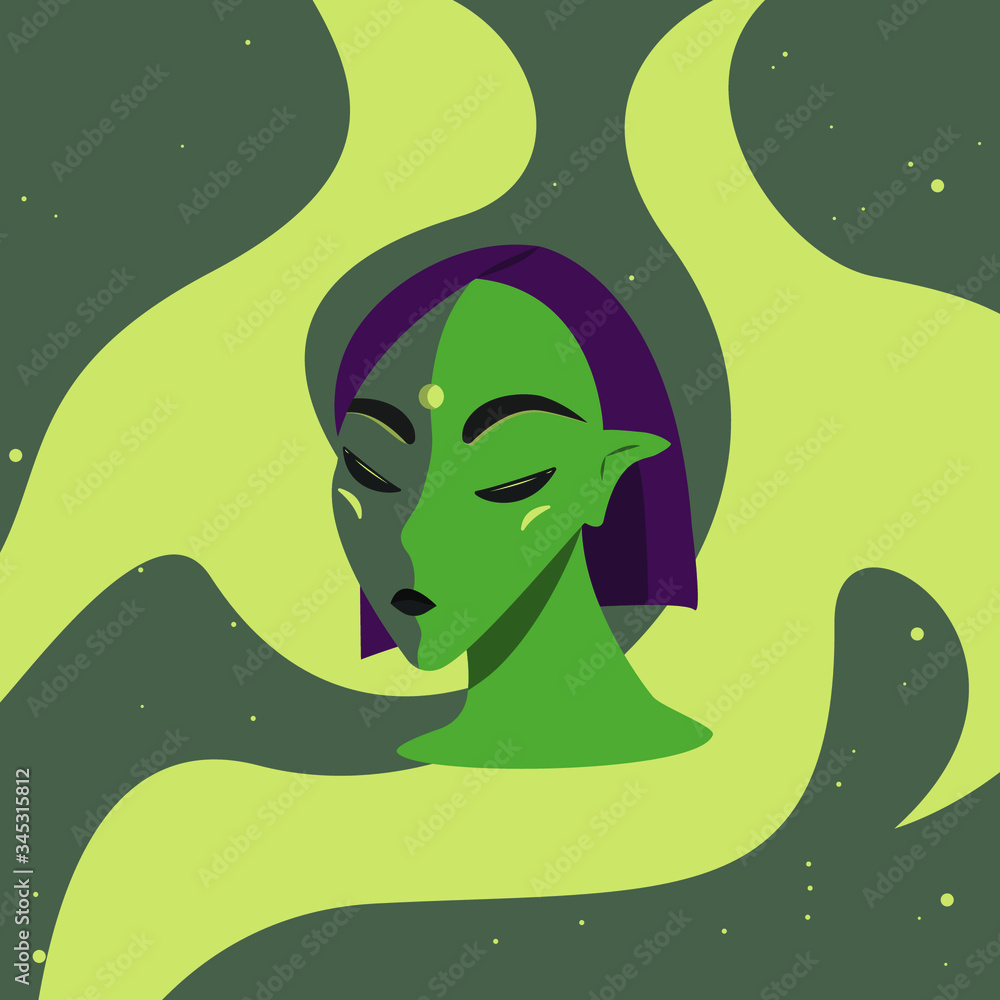 Portrait of extraordinary alien. alien girl with green skin on an ...