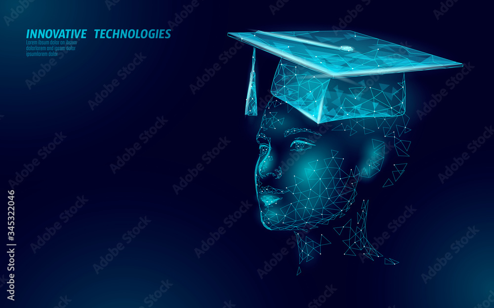 E-learning distance graduate certificate female concept. Low poly 3D ...