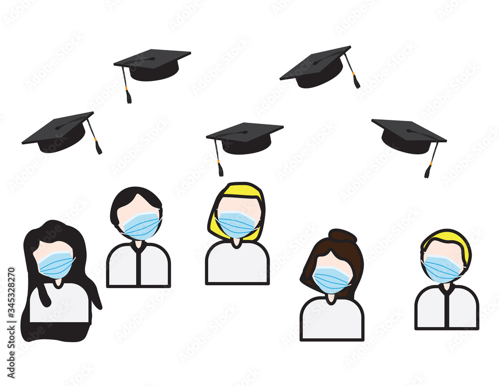 Class of 2020 Graduation - Characters with Face Masks Looking at Flying ...
