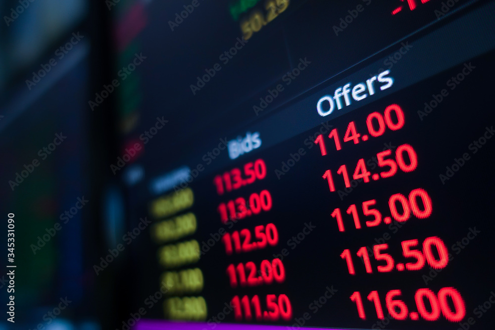 Stock market trading ticker on screen monitor background. Financial ...