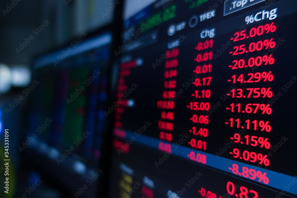 Stock market trading ticker on screen monitor background. Financial ...
