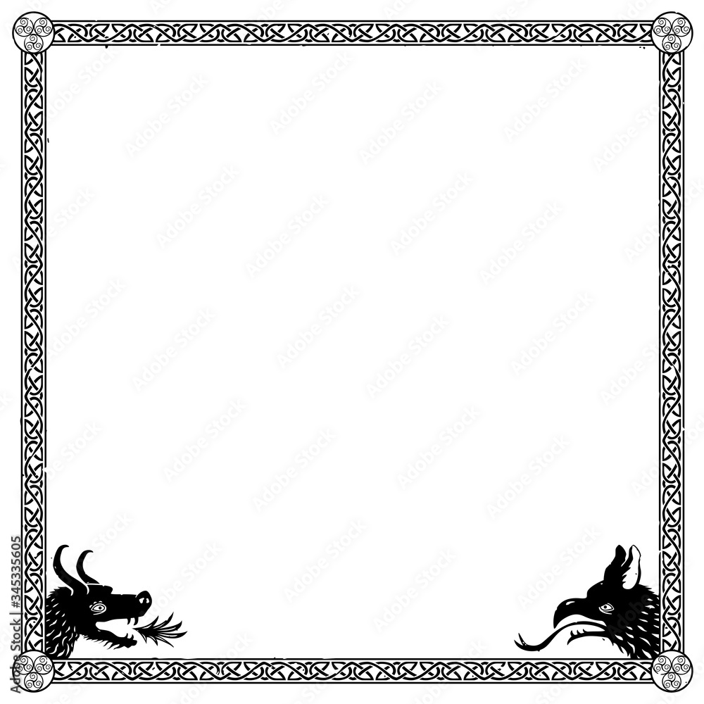 Square medieval frame with Viking or Celtic knots and dragons in the ...