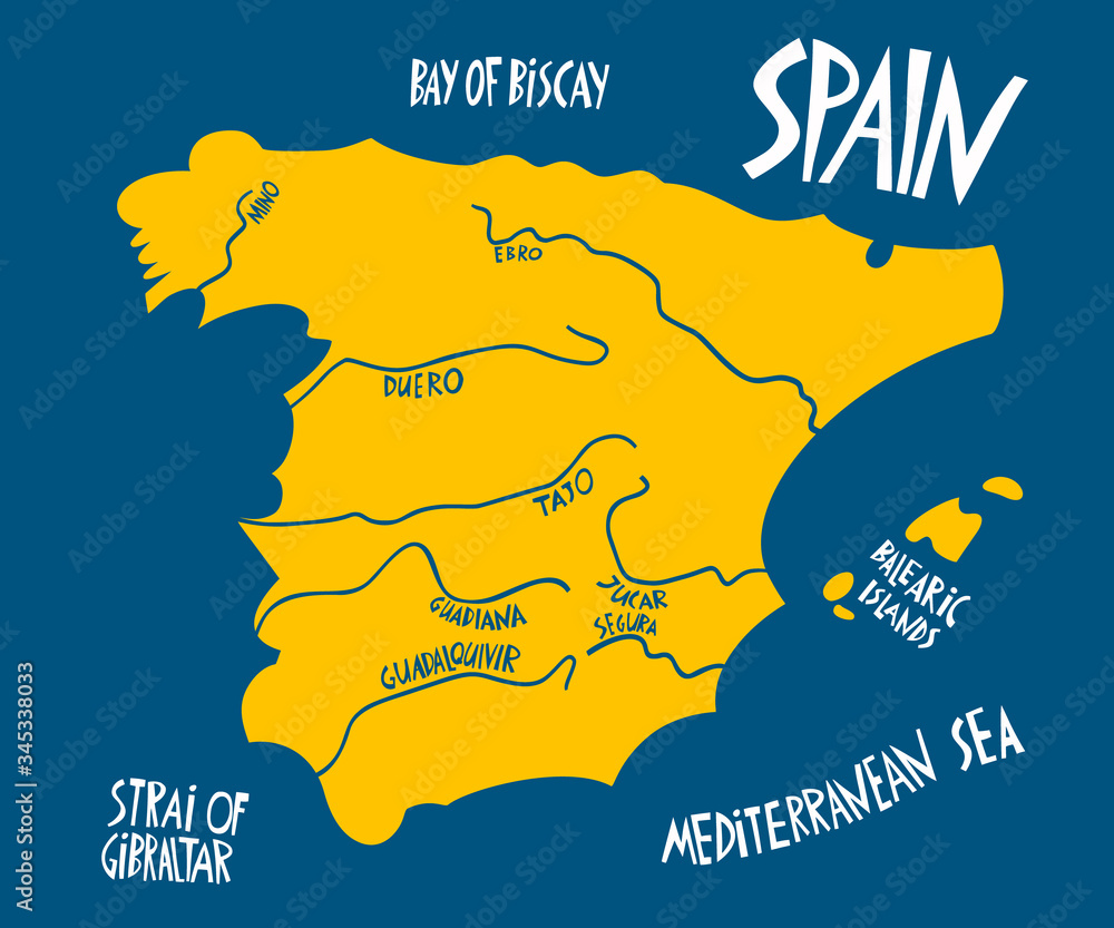 Vector hand drawn stylized map of Spain Kingdom. Travel illustration of ...