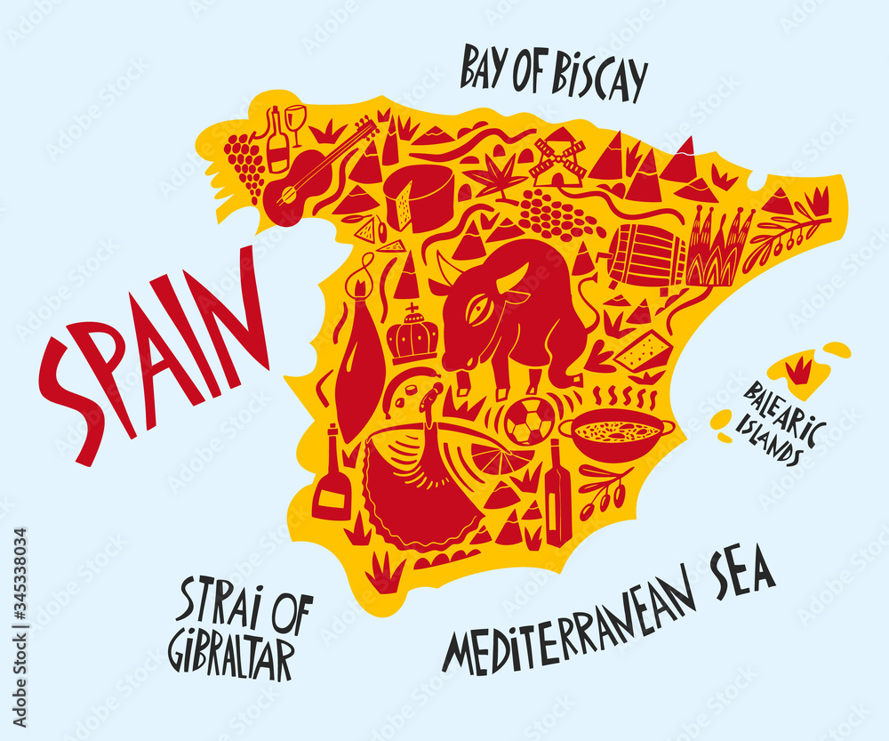 Vector hand drawn stylized map of Spain. Travel illustration of Spain ...