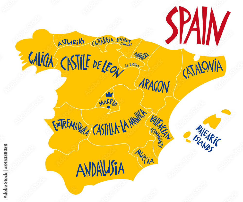 Vector hand drawn stylized map of Spain Kingdom. Travel illustration of ...