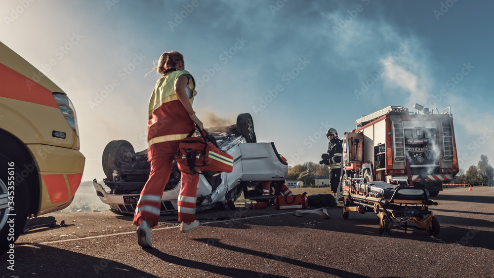 Paramedics and Firefighters Arrive On the Car Crash Traffic Accident ...