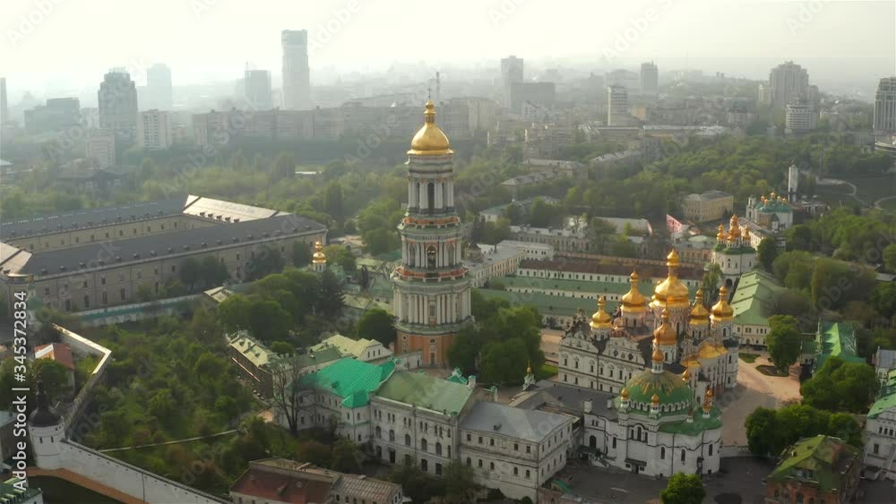 Aerial view of Kiev Pechersk Lavra illuminated by the sunset rays of ...