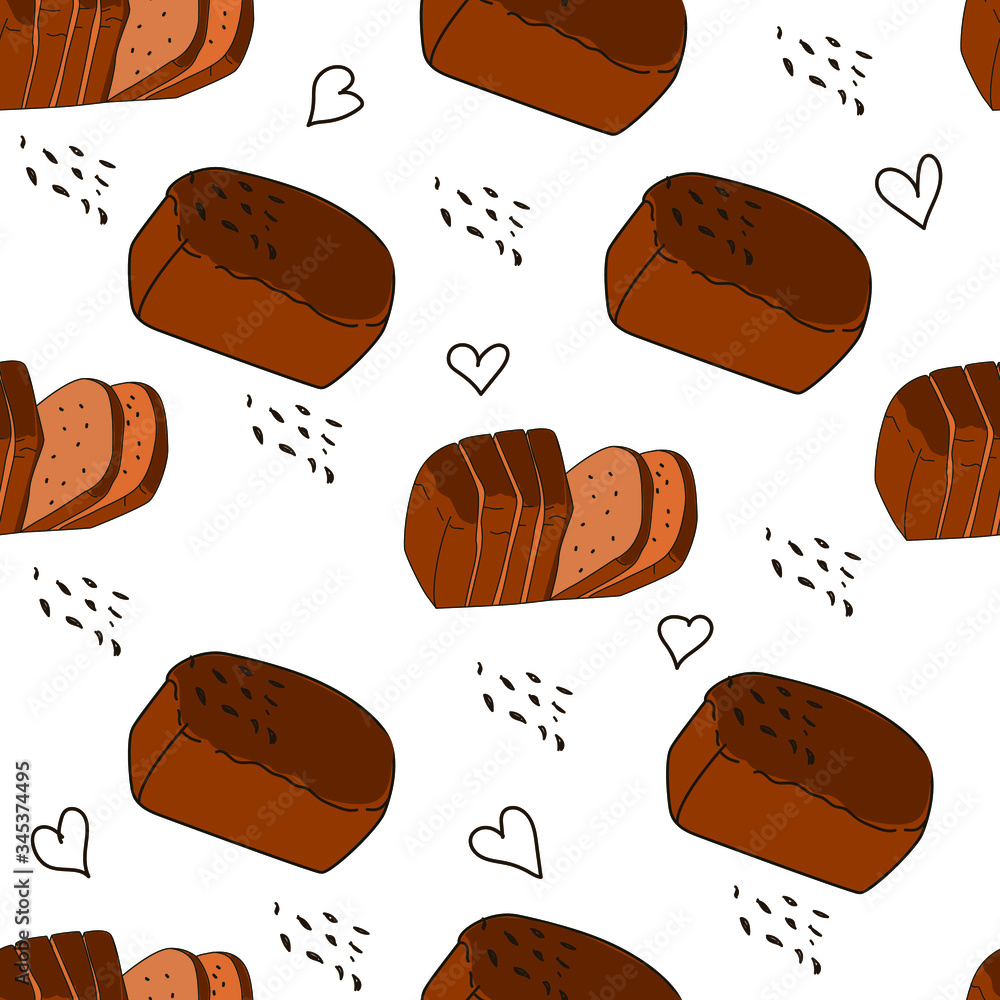 Seamless pattern with vector drawings of handmade rye bread on a white ...