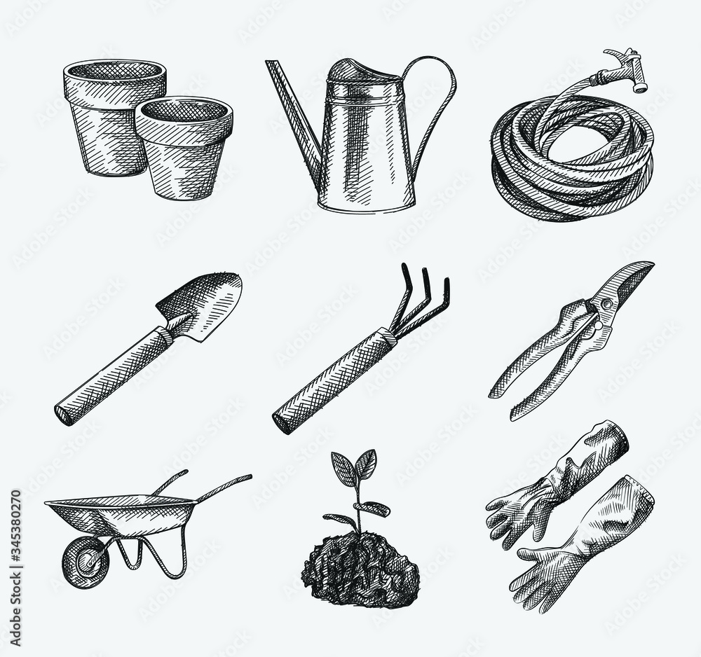 Hand-drawn sketch set of Gardening tools and equipment. Pruning Shears ...