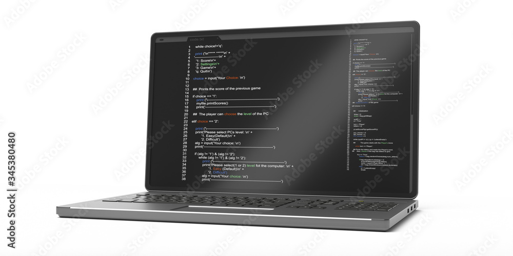Programming code on a laptop screen isolated on white background. 3d ...