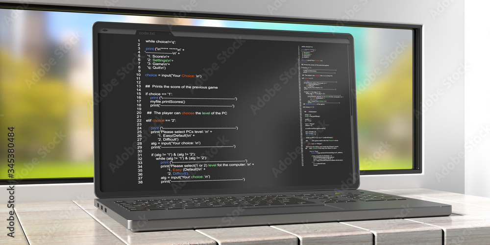 Programming code on a laptop screen, office background. 3d illustration ...
