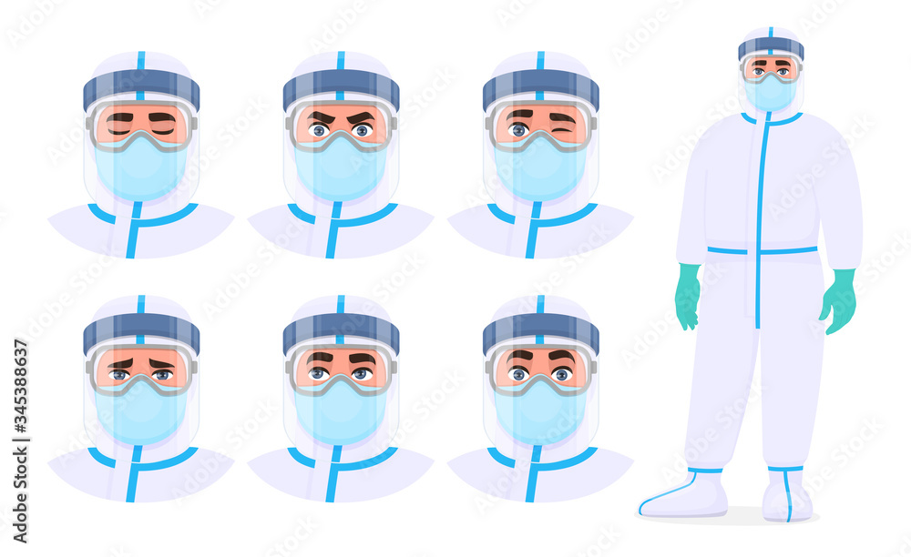 Set of male doctor facial expression with safety protective suit, mask ...