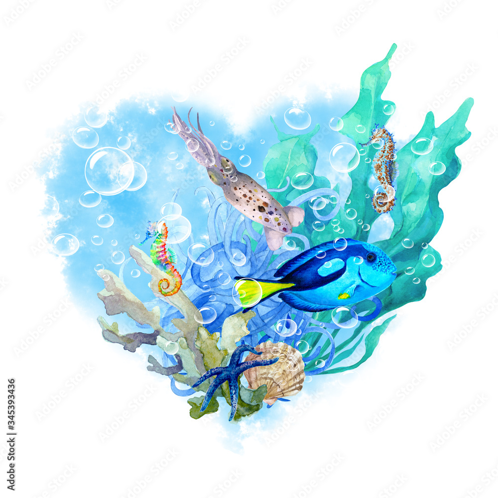 Abstract heart of a blue wate, underwater reef with seaweed, coral ...