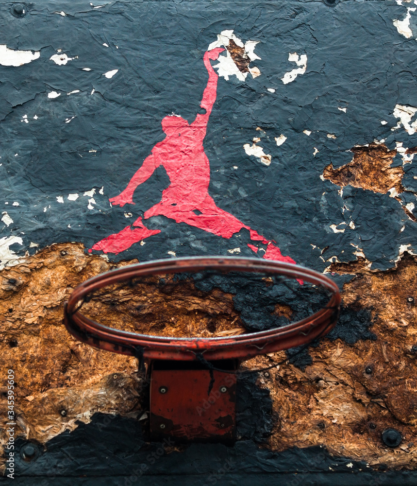 Jumpman logo by Nike on the old basketball backboard Stock Photo ...