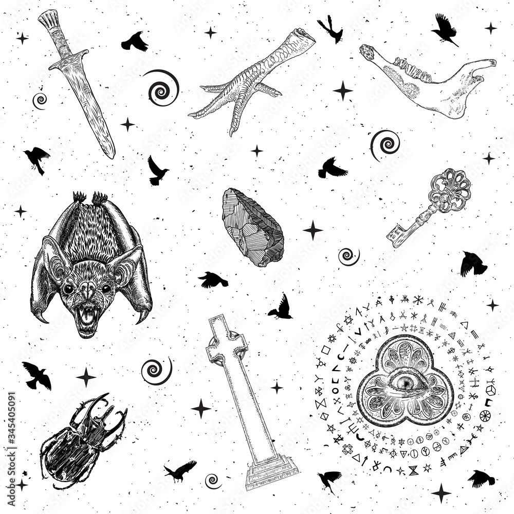 Set of occult mystical and witchcraft mysterious objects. Gravestone or ...