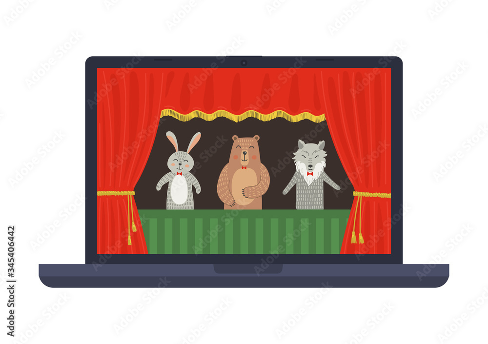 Online puppet theatre show. Toys animals plays on the scene on laptop ...