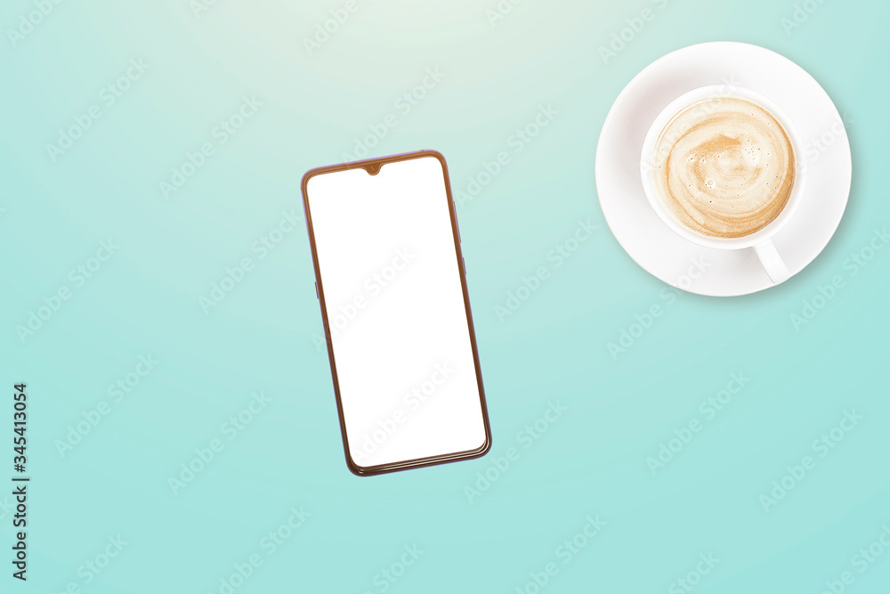 Top view office desk table with Smart phone, Chart, Notepad, Laptop ...