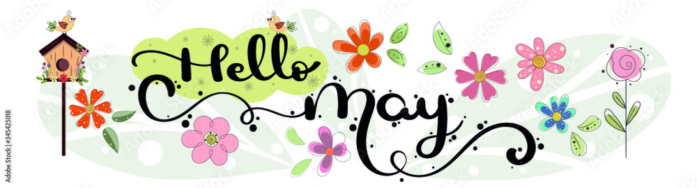 Hello May. MAY month vector with flowers, birds and leaves. Decoration ...