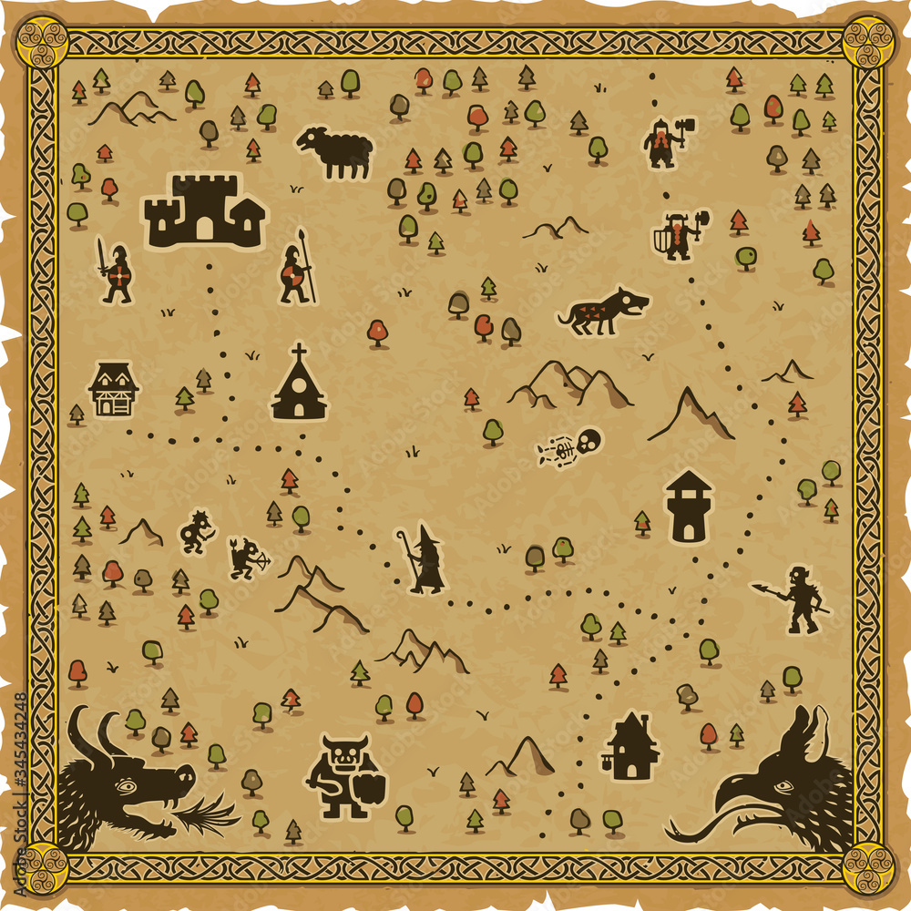 Medieval fantasy RPG map with an ornate dragon frame, trees, mountains ...