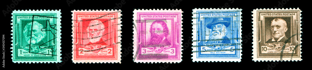 Famous Americans Poets Stamp Series 1940 Commemorative. Seven ...