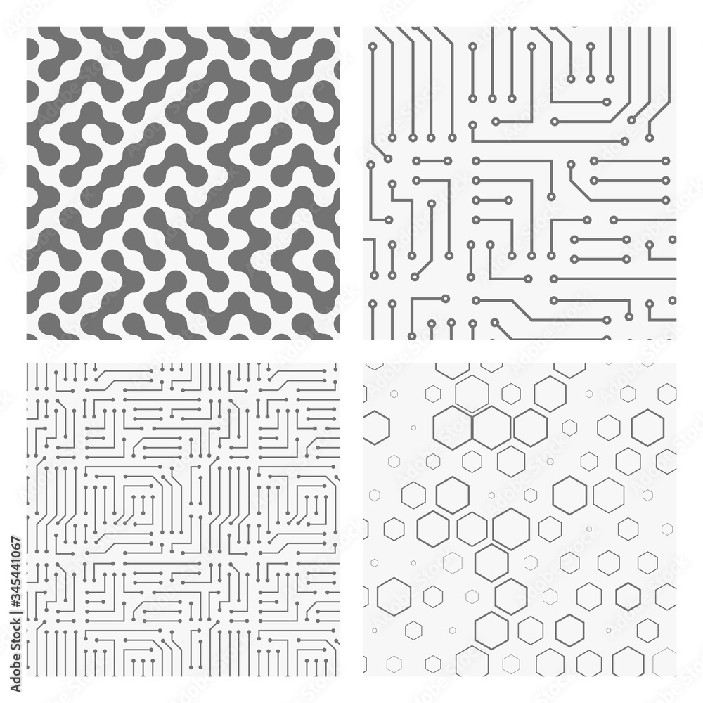 Collection of 4 seamless monochrome electronic pattern. Vector ...