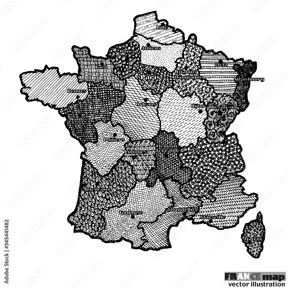 Map of France bright graphic illustration. Handmade drawing. Black and ...