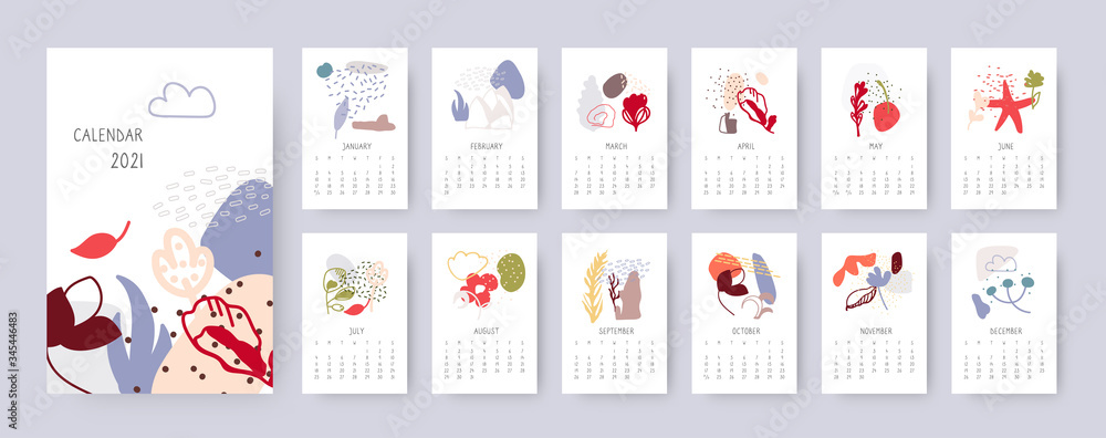 Abstract floral calendar 2021 year. Creative modern template set ...