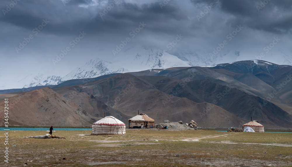 The yurt village in front of Karakul Lake in Xinjiang Uighur Autonomous ...