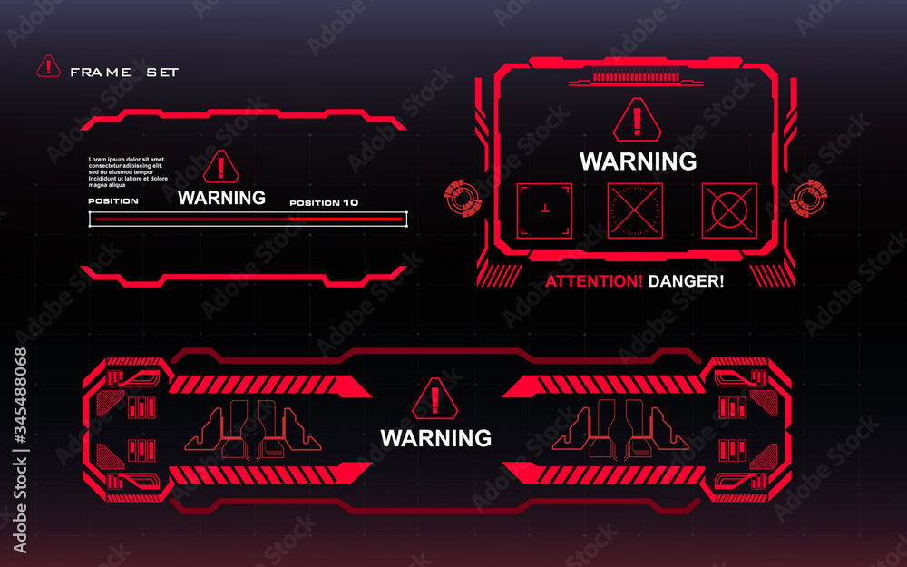 Attention Danger Set of red frames with text Warning Danger Alarm pop ...