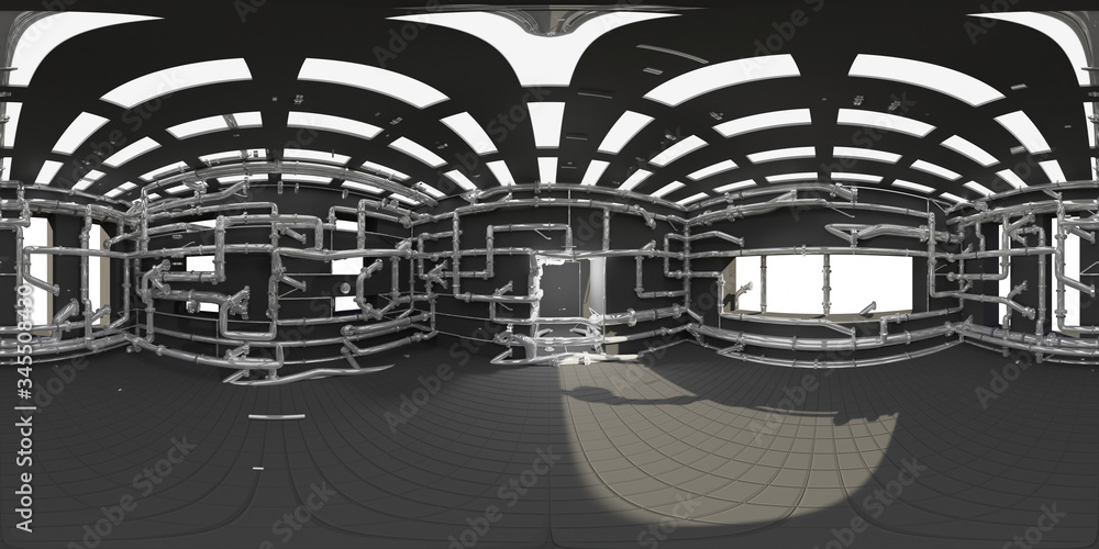 4K HDRI map, spherical environment panorama background, room with pipes ...