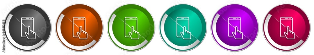 Smartphone icon set, mobile phone silver metallic chrome border vector ...