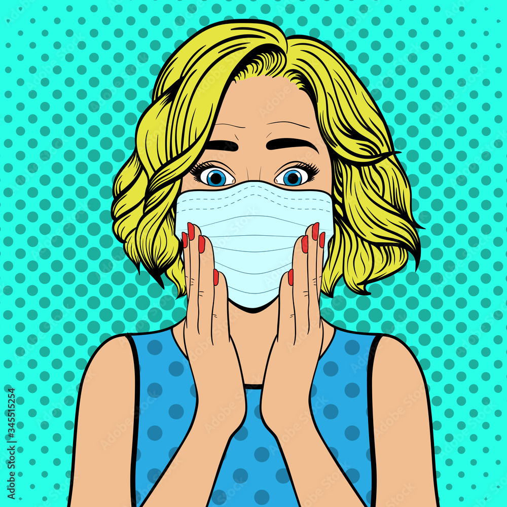 Surprised woman with medical mask. Comic woman. Wow face female. Pop ...