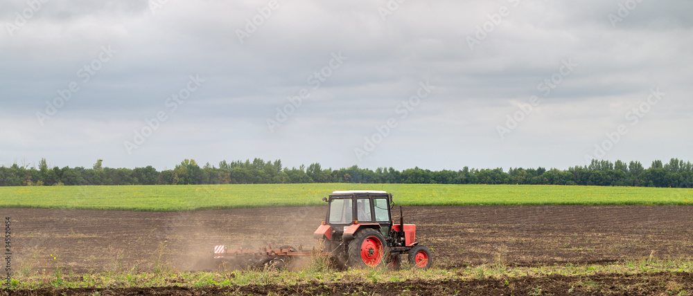 Tractor plowing field and tillage. Scenic agricultural land and farm ...