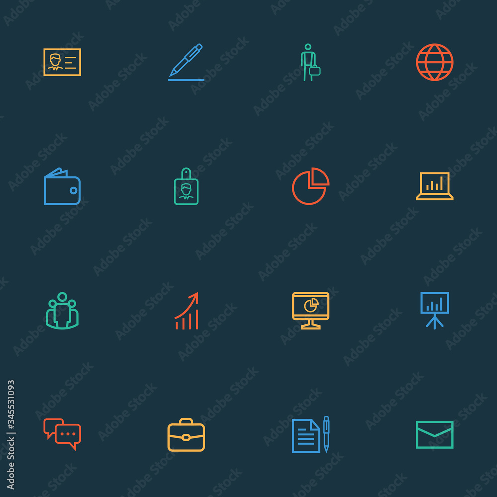 Vetor de Trade icons line style set with diagram, work man, id badge ...