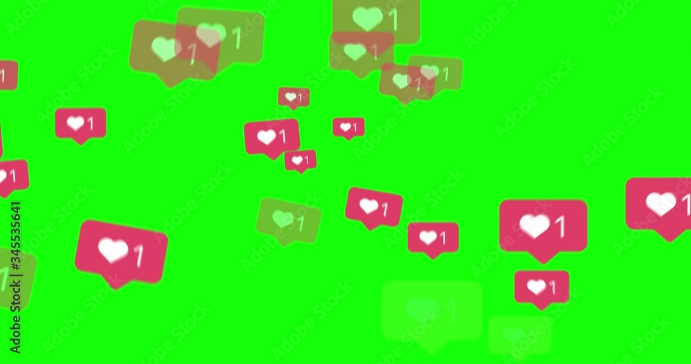 Animation of like icons motion on green background. Social media heart ...