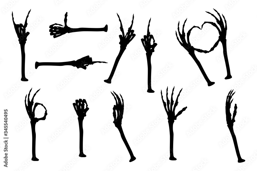Skeleton hands gestures. Stickers silhouettes set on white background ...