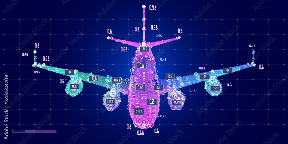 Abstract digital background with 3d grid airplane and data. Wireframe ...