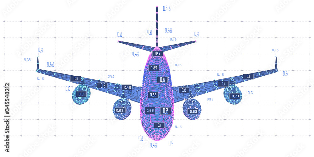 Abstract digital background with 3d grid airplane and data on white ...
