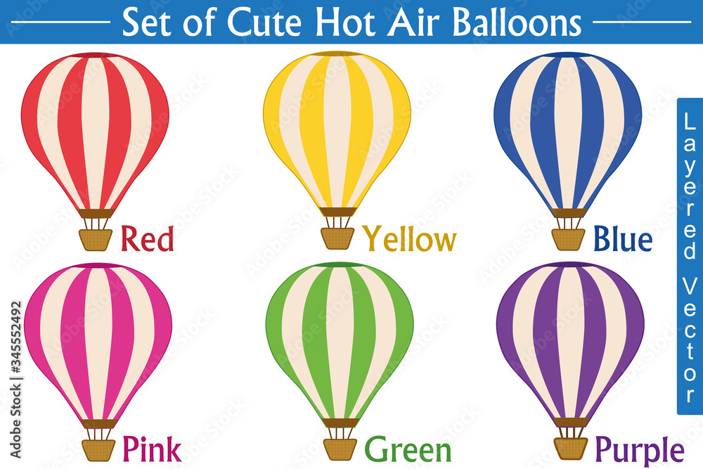 Set of hot air balloon vector. Red, yellow, blue, pink, green, and ...