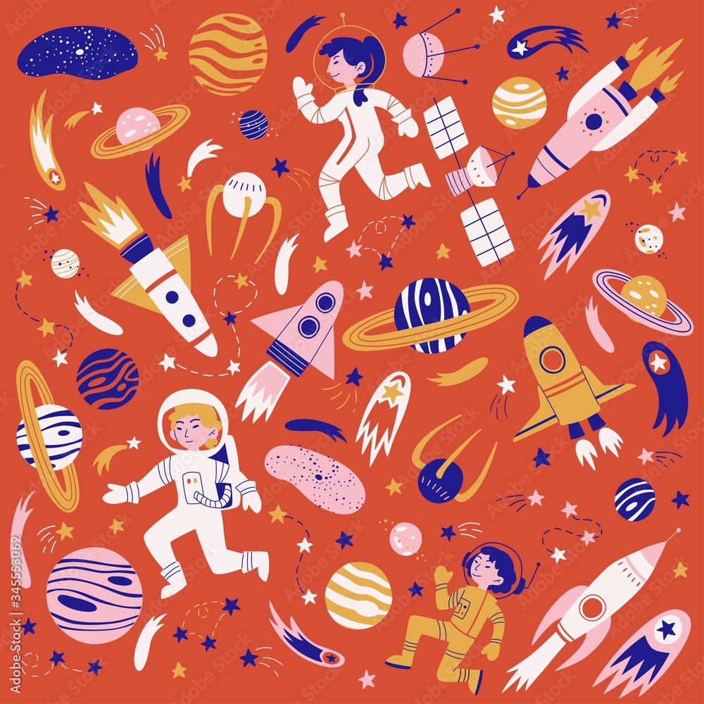 Vector background with cosmonauts, satelites, rockets, planets, moon ...