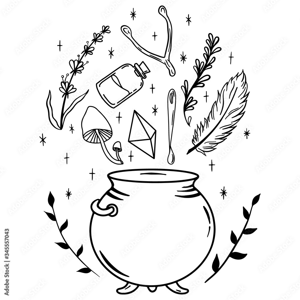 Vector black and white sketch of a set of magic items for making a ...