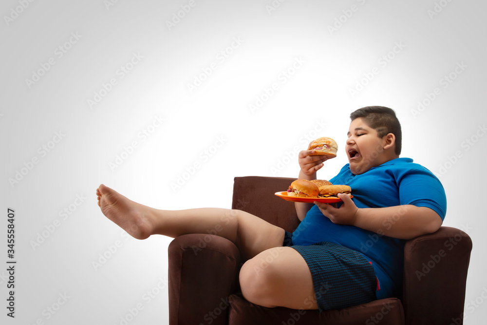 Young boy sitting on the sofa at home with a plate full of burgers ...