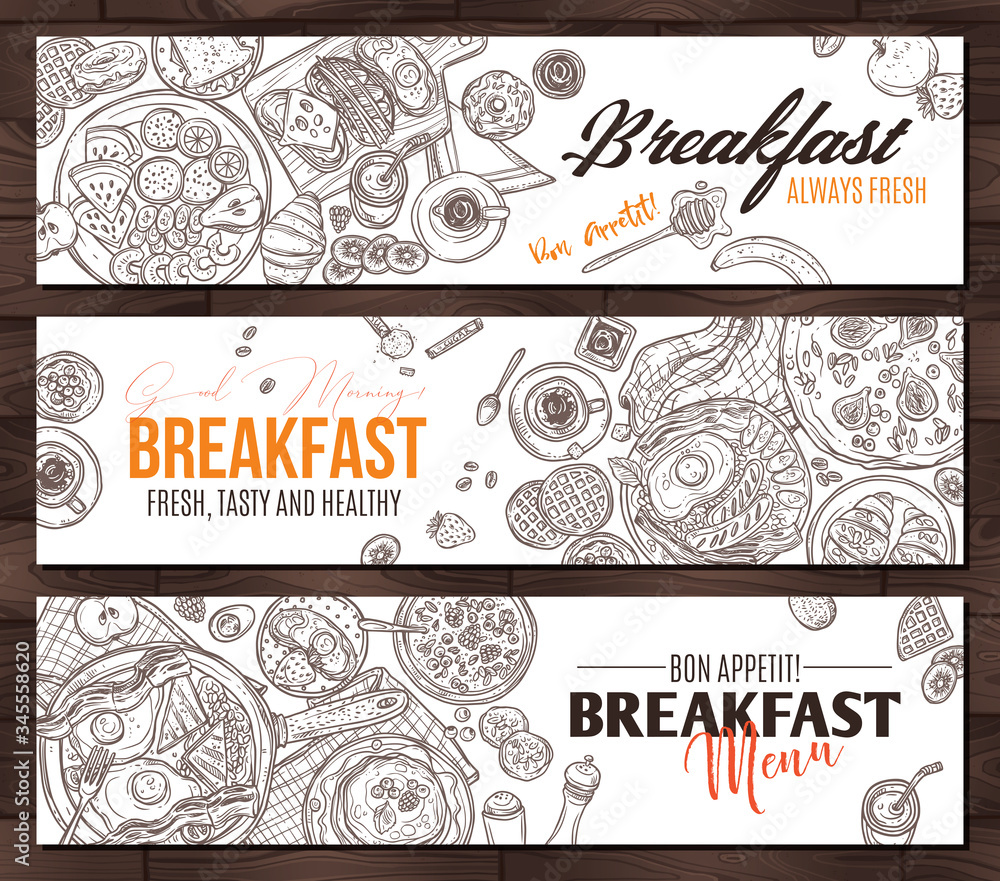 Breakfast food menu and good morning horizontal banners. Template and ...