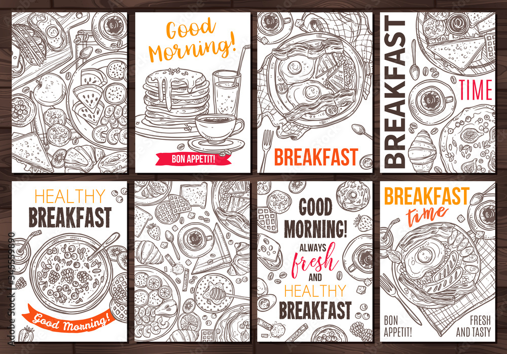Vetor de Set of breakfast card. Collection of banners and design for ...
