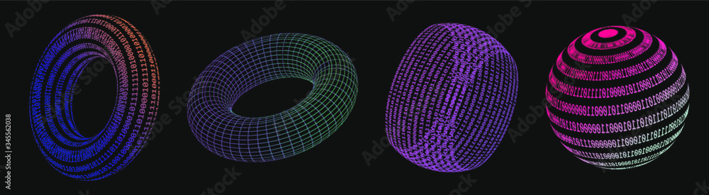 Set of 3d shapes made of binary code. Concept of virtual reality ...